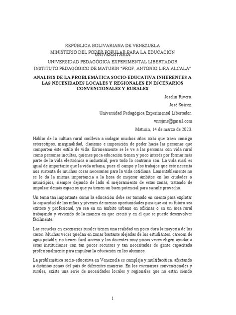 Análisis De La Problemática Socio Educativa En Escenarios Convencionales Y Rurales En Venezuela