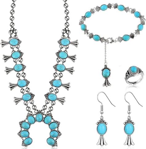 Henoyso 4 Pcs Turquoise Western Jewelry Set For Women