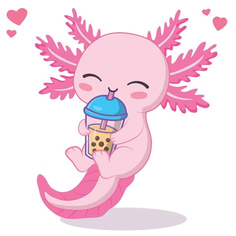 Kawaii Axolotl Drinking Boba Milk Tea Cartoon Vector Illustration