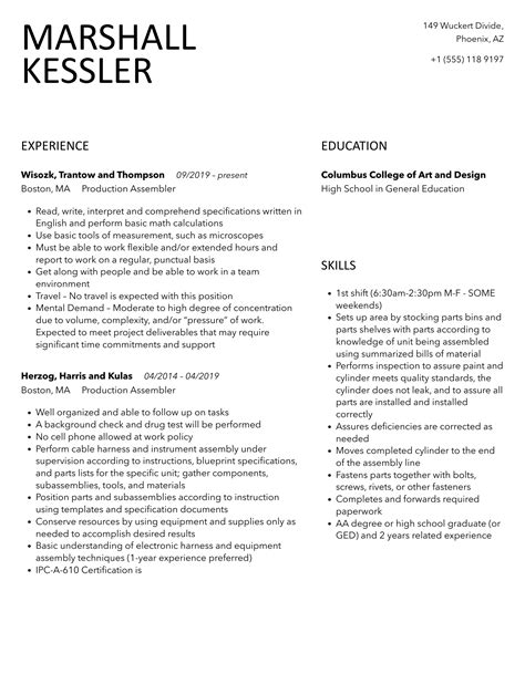Production Assembler Resume Samples Velvet Jobs