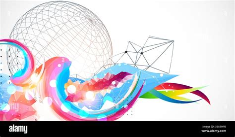 Abstract Artwork With Colorful Waves Polygonal Shapes And Wireframe