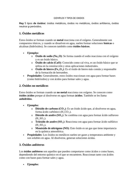 Ejemplos Y Tipos De Oxidos Pdf Óxido Ácido