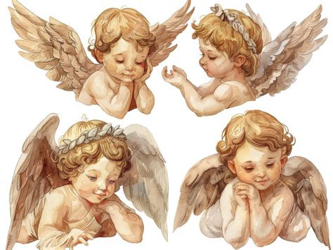 Premium Photo Collection Of Six Adorable Vintagestyle Cherubs Illustrated In Watercolor