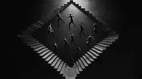 Desenho Gráfico Em Preto E Branco De Várias Pequenas Figuras Humanas Dançando Nas Escadas Dentro