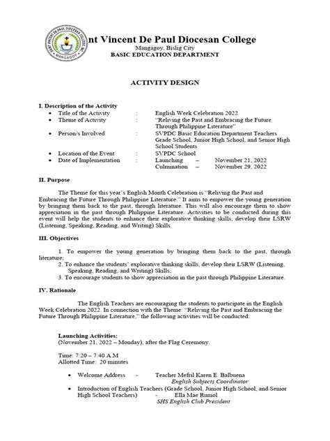 Activity Design For Eng Week Celebration 2022 Pdf