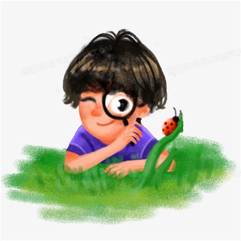男孩用放大镜观察昆虫插画元素png图片素材下载 插画png 熊猫办公