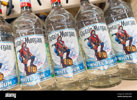 Moscow. Russia. November 9, 2020. Captain Morgan rum in glass bottles ...
