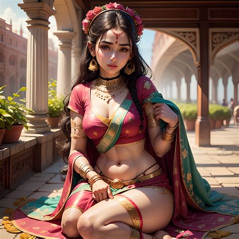 Araffe Woman In A Sari Sitting On A Rug In A Courtyard Seaart Ai