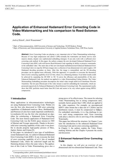 Pdf Application Of Enhanced Hadamard Error Correcting Code In Video