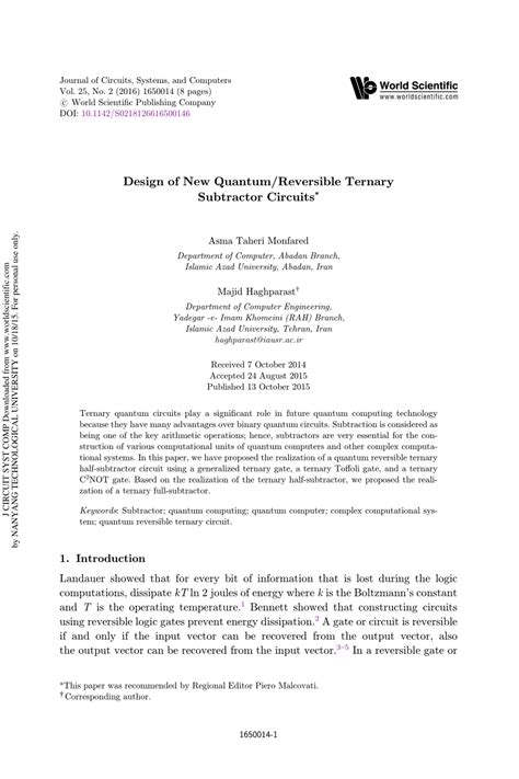 pdf design of new quantum reversible ternary subtractor circuits