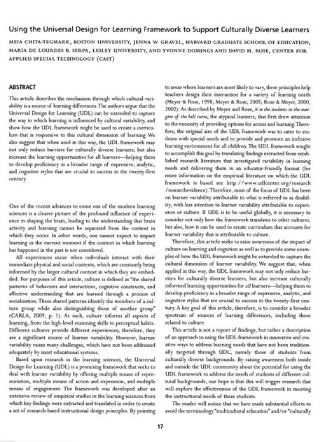 Pdf Using The Universal Design For Learning Framework To Support Culturally Diverse Learners