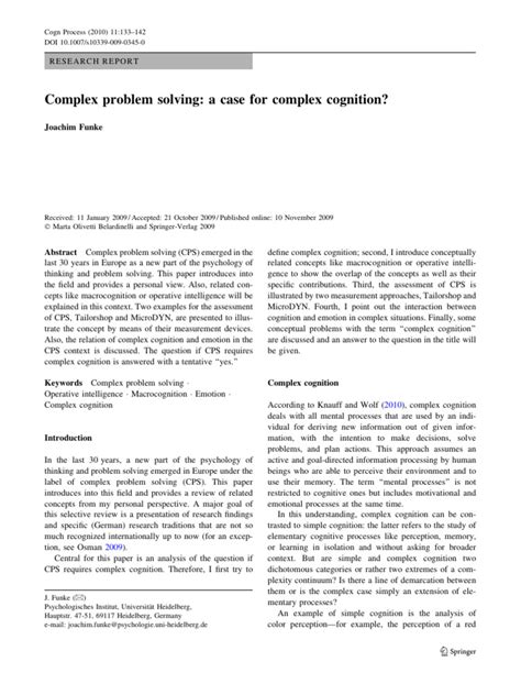Complex Problem Solving A Case For Complex Cognition Pdf