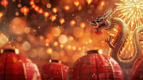 A Dragon With A Lanterns Red Background Premium Ai Generated Image