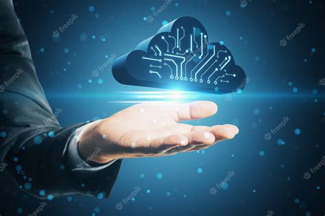 Premium Photo Close Up Of Businessman Hand Holding Abstract Digital Cloud Circuit On Blue