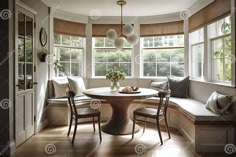 A Cozy And Inviting Breakfast Nook With A Round Table And Comfortable