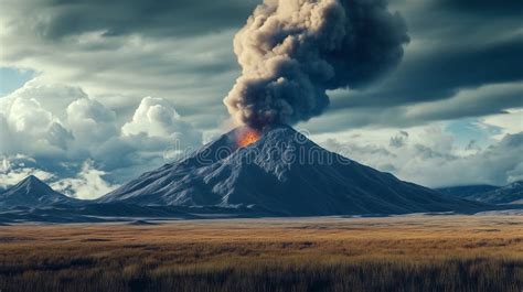 Photorealistic Erupting Volcano With Smoke And Lava Over Grassy