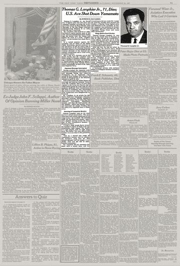Thomas G Lanphier Jr 71 Dies U S Ace Shot Down Yamamoto The New York Times