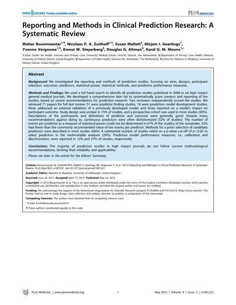 Pdf Reporting And Methods In Clinical Prediction Research A Systematic Review