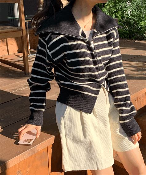 데일리 스트라이프 단가라 루즈핏 카라 니트 긴팔 세라카라 투웨이 에이블리