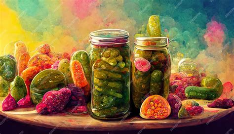 Premium Ai Image Abstract Colorful Pickles Jars Concept Art Illustration