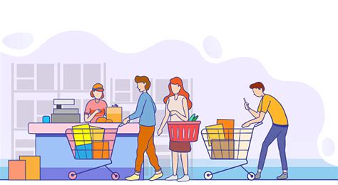 顧客在超市或百貨商店排隊收銀台的購物推車上擺放著商品購買和佇列在出納在商店排隊卡通平面向量插圖向量圖形及更多人圖片 Istock