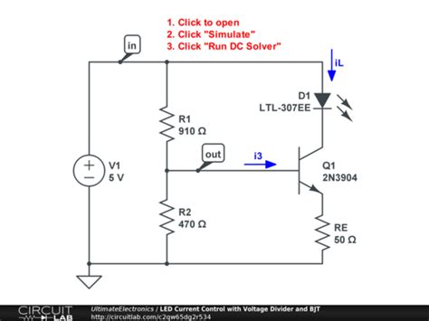 Led Current Control With Voltage Divider And Bjt Circuitlab