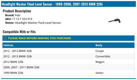 1999 2000 2007 2013 Bmw 328i Headlight Washer Fluid Level Sensor