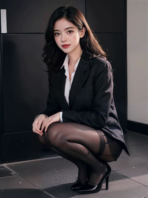 A Woman In A Black Suit And Black Stockings Squatting On A Tiled Floor