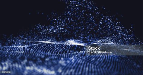 파티클의 물결 데이터 기술 추상적 미래 일러스트레이션 어두운 배경에 점을 연결하는 낮은 폴리 모양 3d 렌더링 빅 데이터 시각화 미래지향적인 블루 도트 배경 과학에 대한