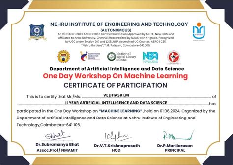 Completed Machine Learning Workshop At Niet Vedhasri Manoharan Posted