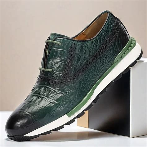 Mens Premium Cowhide Leather Sneakers With Crocodile Pattern And Green