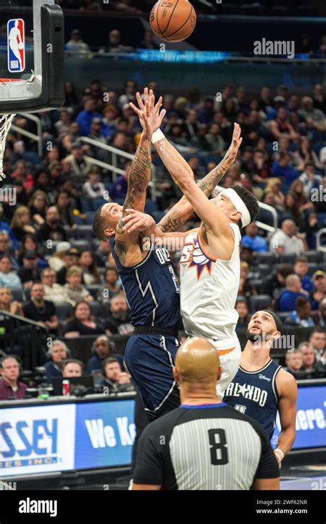 Orlando, Florida, USA, January 28, 2024, Phoenix Suns guard Devin Booker #1 attempt to make a ...