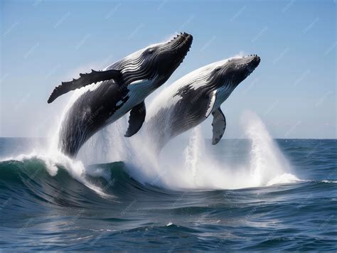 Premium Photo Two Humpback Whales Jumping Out Of The Water In The Ocean