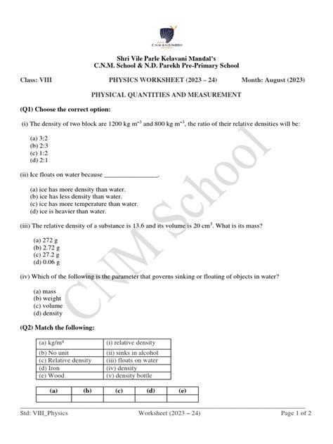 Std 8 Physical Quantities Worksheet Pdf Density Buoyancy