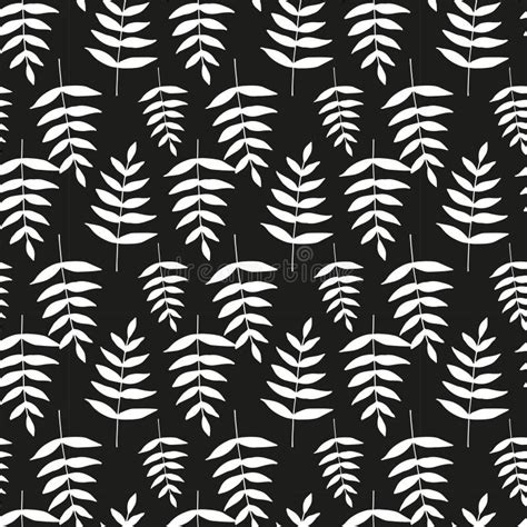 Seamless White Botanical Leaf Pattern On Black Background Stock