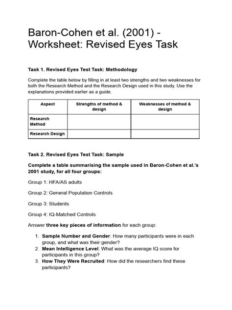 Baron Cohen Et Al 2001 Worksheet Revised Eyes Task Pdf