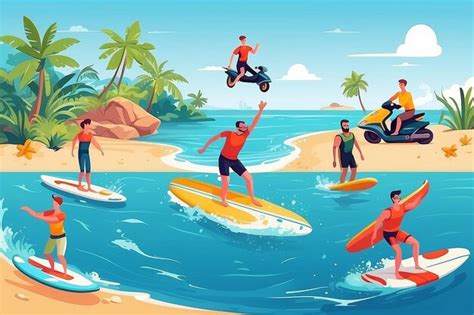 Conjunto De Personas Que Realizan Deportes De Verano Y Actividades De Ocio Al Aire Libre En La