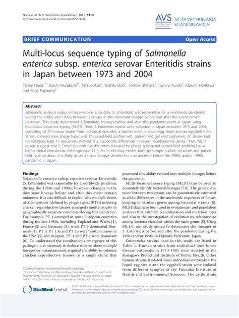 Pdf Multi Locus Sequence Typing Of Salmonella Enterica Subsp Enterica Serovar Enteritidis