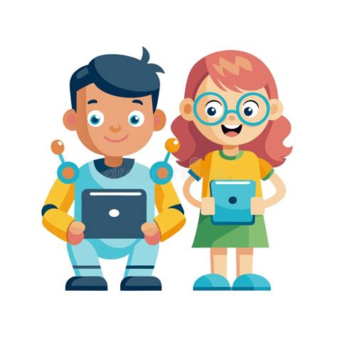 Boy Robot And Girl With Tablet Stem Education Technology Future