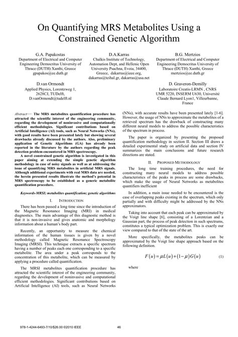 Pdf On Quantifying Mrs Metabolites Using A Constrained Genetic Algorithm