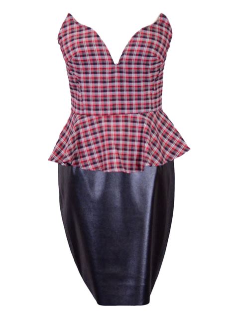 Solemio Sexy Flirty Sweetheart Neckline Plaid Peplum Faux Leather Party