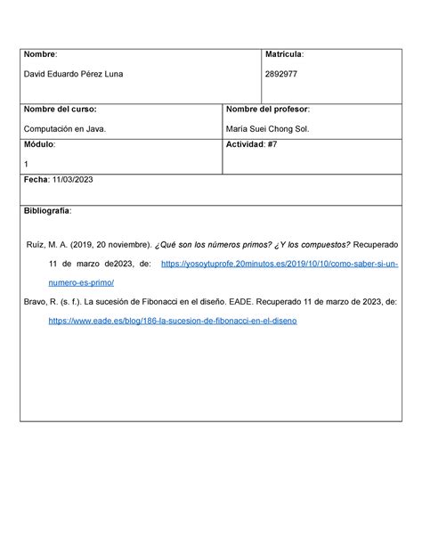 Actividad 7 Computación En Java Nombre David Eduardo Pérez Luna Matrícula 2892977 Nombre Del