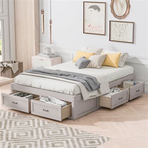 Full Size Platform Bed With 6 Drawers Antique White