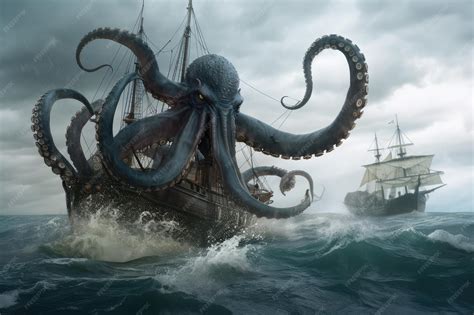 Premium Ai Image Octopus Kraken In Battle Against Giant Sea Serpent
