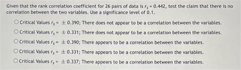 Solved Given That The Rank Correlation Coefficient For Chegg
