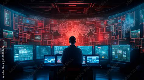 Anonymous Hacker Immersed In A High Tech Control Room Surrounded By Screens Displaying Lines