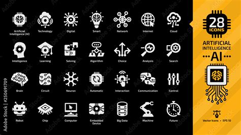 Vector Artificial Intelligence White Glyph Icon Set On A Black