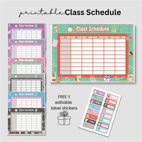 Kawaii Cute Class Schedule School Timetable Printable 7 Colors With Free Editable Label