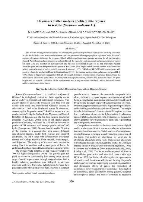 Pdf Haymans Diallel Analysis Of Elite X Elite Crosses In Sesame Sesamum Indicum L