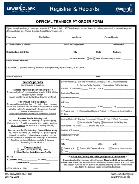 Fillable Online Official Transcript Order Form For Lewis Clark State